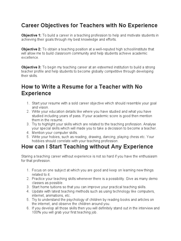 Career Objectives For Teachers With No Experience | PDF | Teachers | Résumé