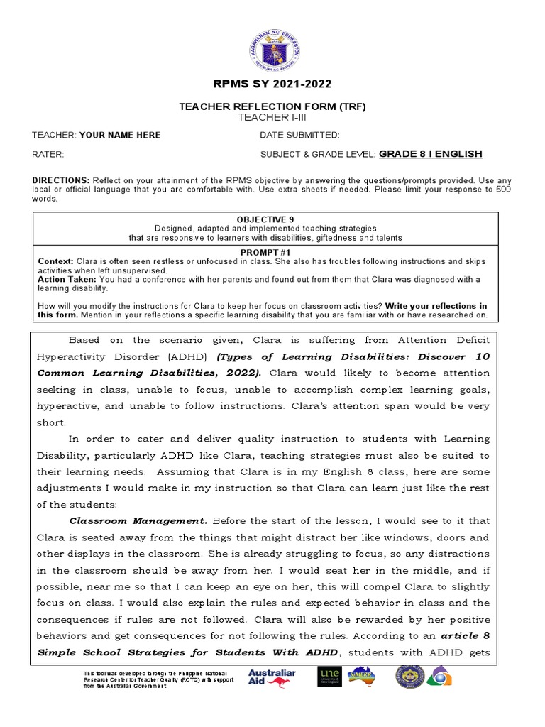 Teacher Reflection Form 9 - 10 Coi | PDF