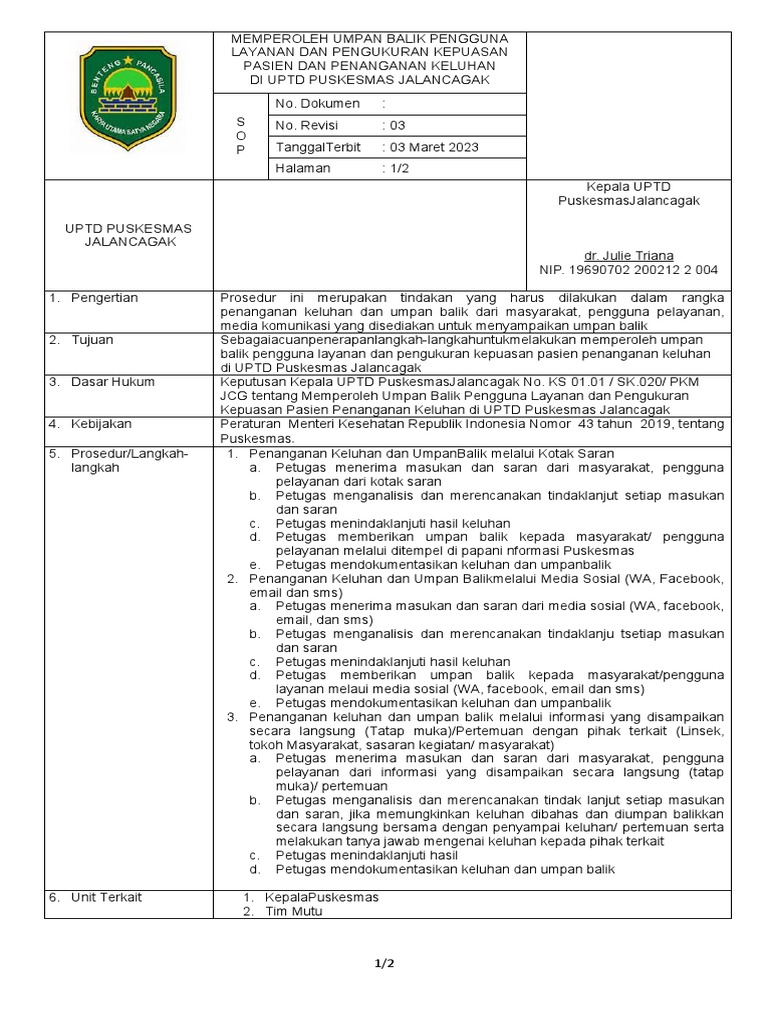 SOP Umpan Balik Puskesmas | PDF