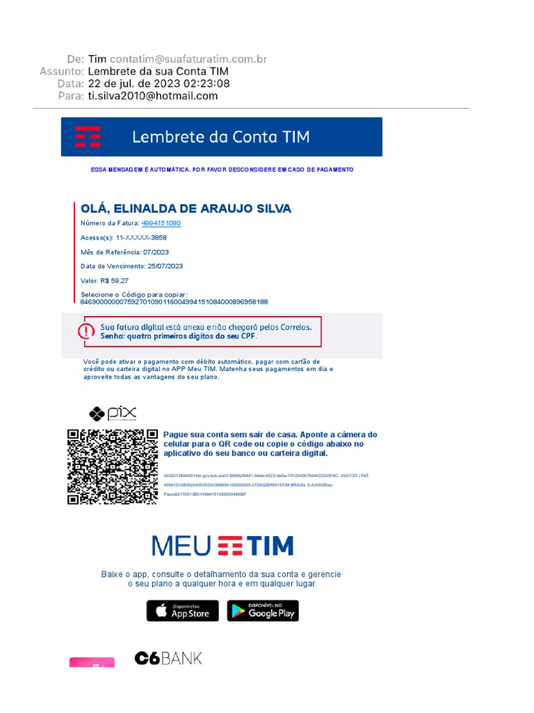 Lembrete Da Sua Conta TIM | PDF | Cartão de crédito | Aplicativo para ...