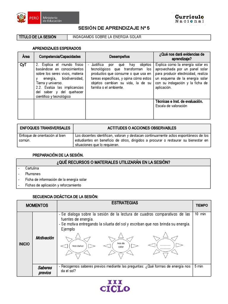 Sesión de Aprendizaje #5 - Cyt | PDF | Energía solar | Aprendizaje