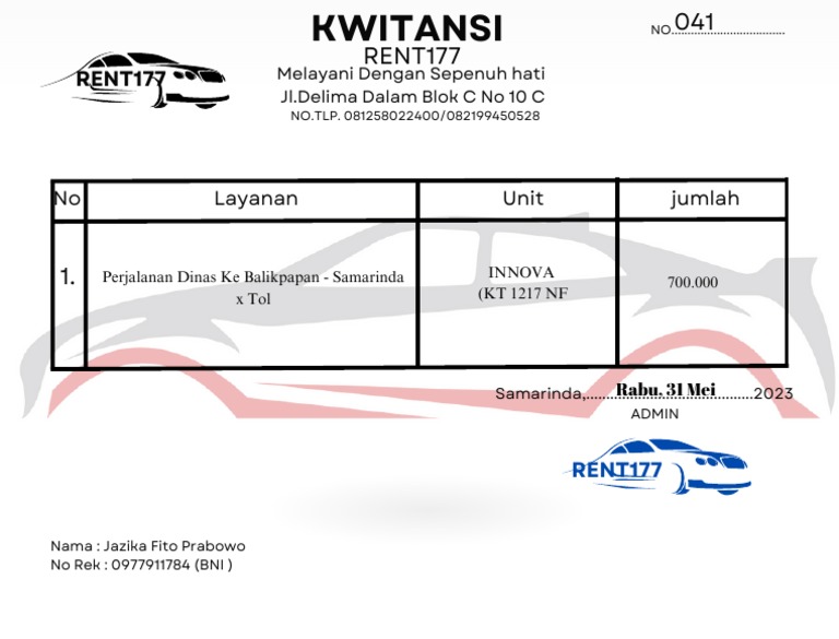 Kwitansi Pembayaran Travel Mobil | PDF