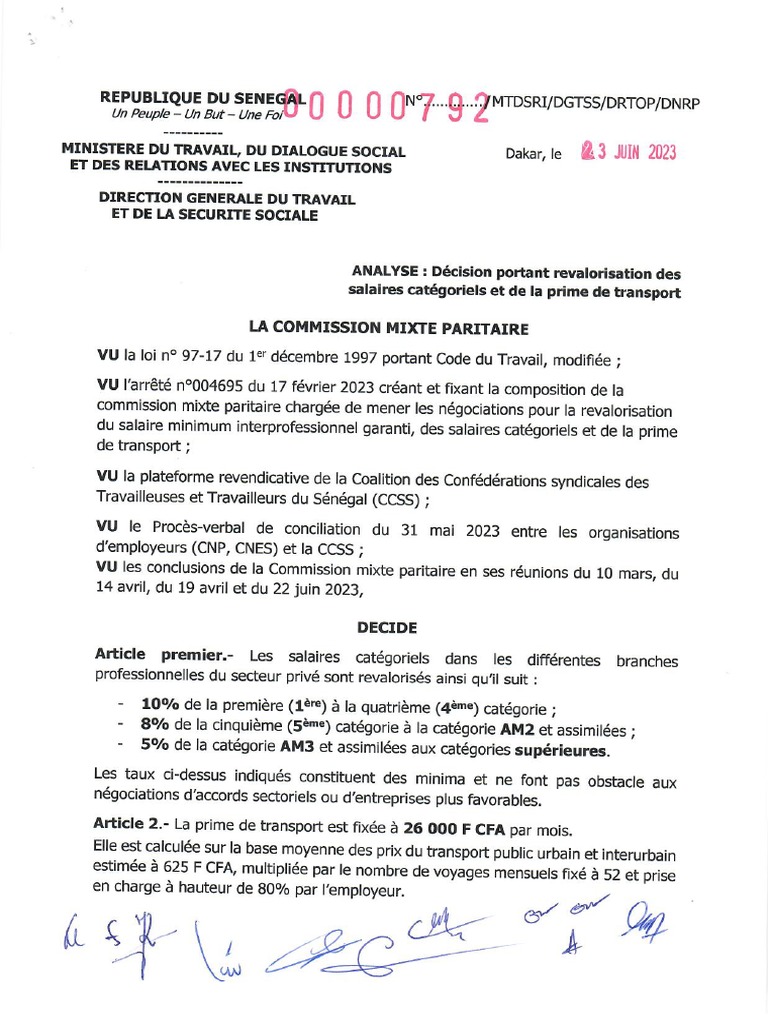 Décision Portant Revalorisation Des Salaires Catégoriels Et de La Prime ...