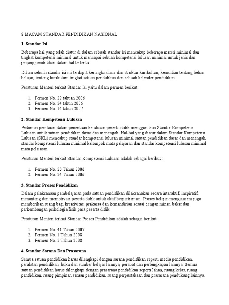 8 Macam Standar Pendidikan Nasional | PDF