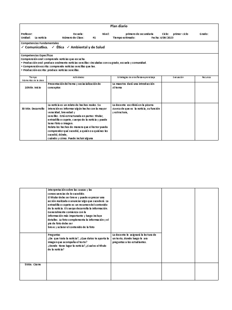 Planilla de Planificación Diaria. Plan clase a clase (1) | PDF | Aprendizaje | Comunicación humana