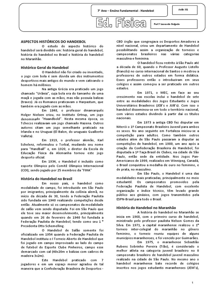 HANDEBOL - Handebol - 7 Ano - Unidade I | PDF | Esportes HANDEBOL - Handebol - 7 Ano - Unidade I | PDF | Esportes