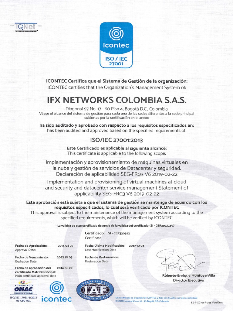 Ifx Networks Colombia S.A.S 27001 | PDF