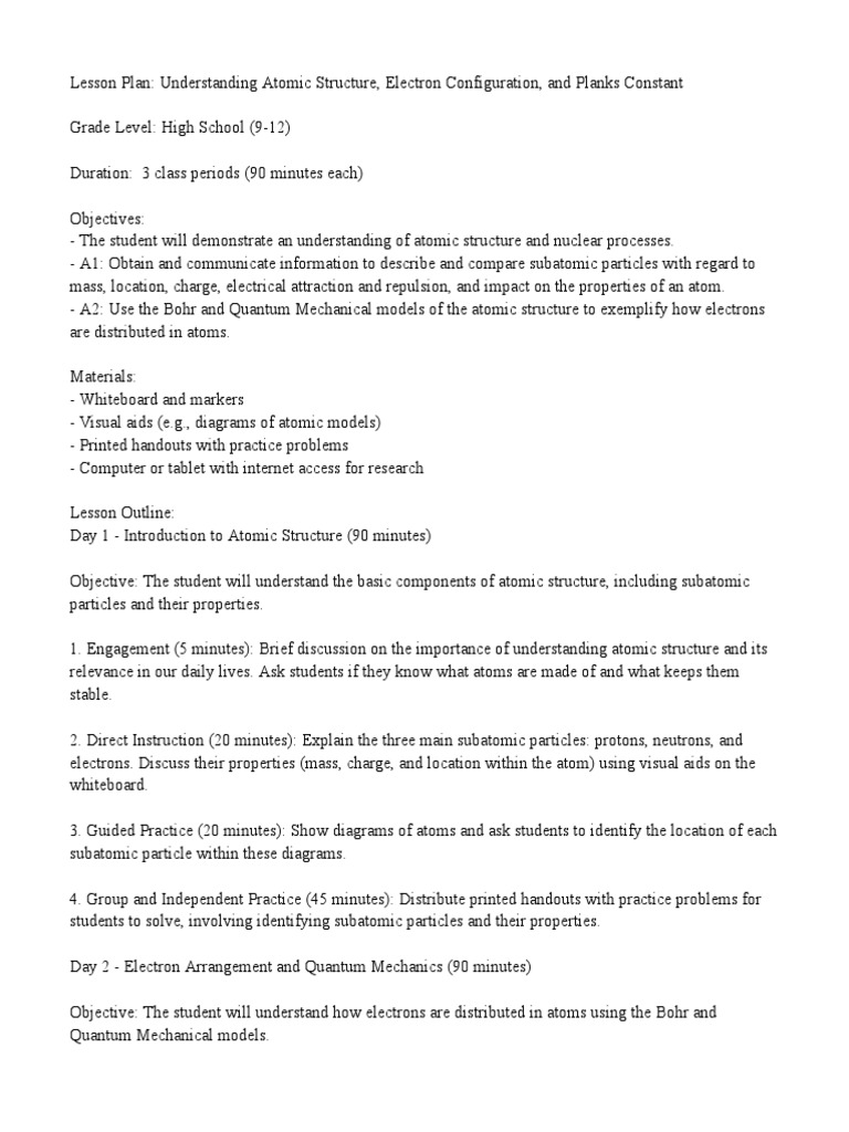High School Atomic Structure Lesson | PDF | Atoms | Electron