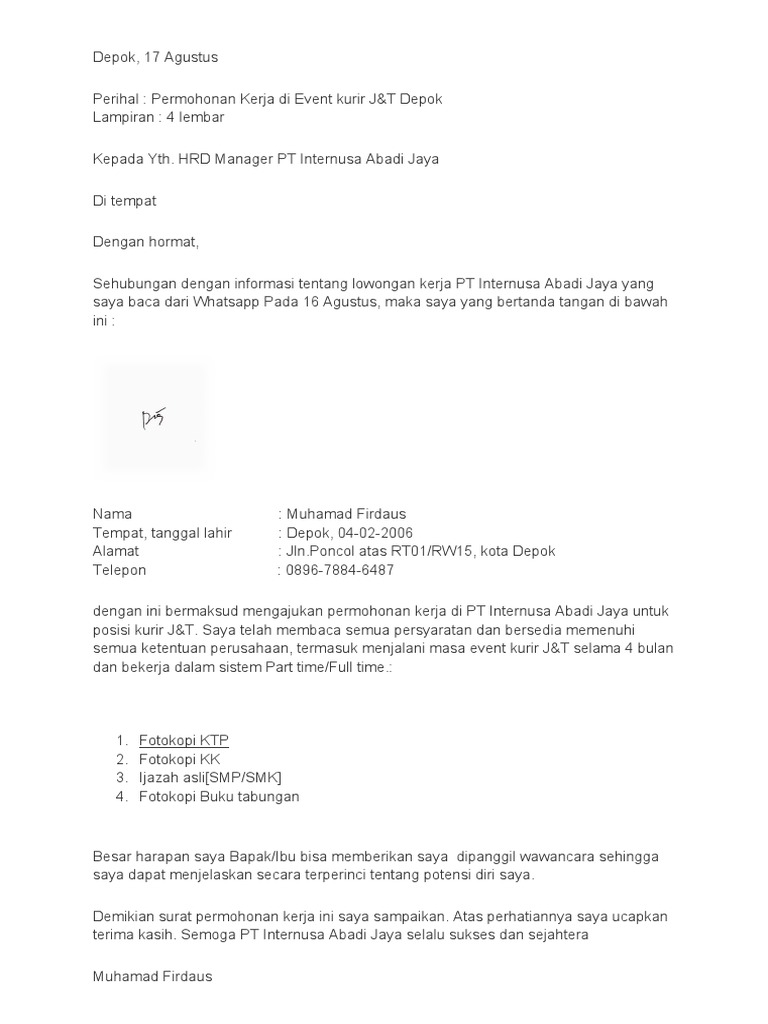 Surat Lamaran Kerja Kurir J&T | PDF