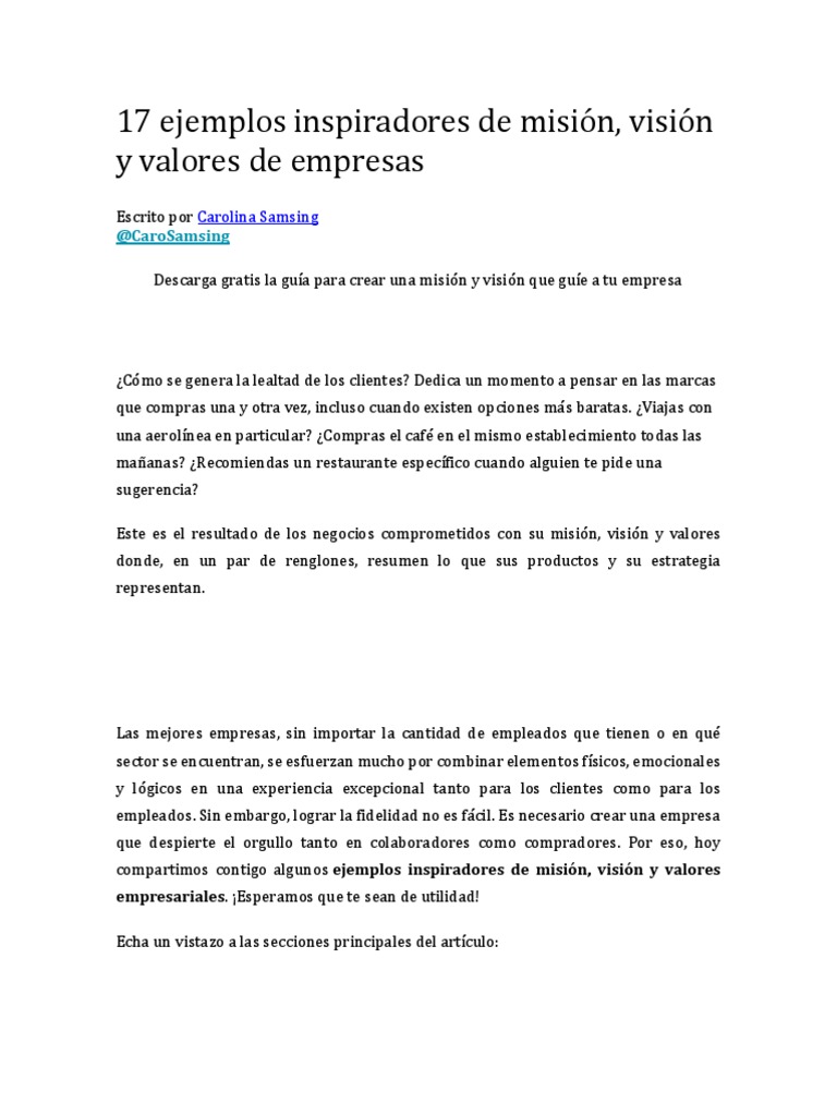 Ejemplos de Misión, Visión y Valores | PDF | Business | Calidad (comercial)