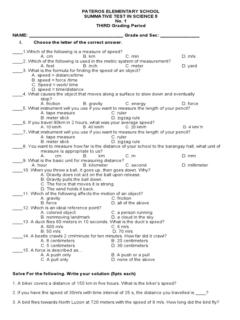 Science 5 Summative Test: Speed & Measurement | PDF | Speed | Force