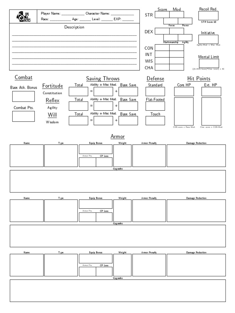 Ops and Tactics Character Sheet 6th Edition Fillable | PDF