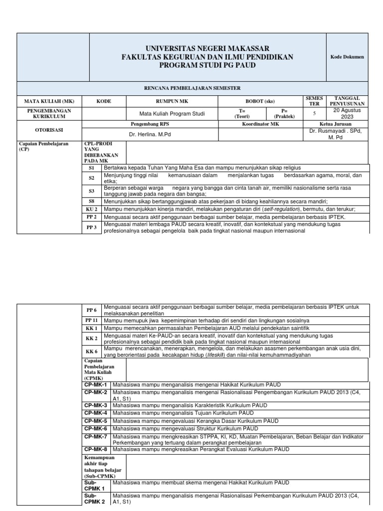 Rps Pengembangan Kurikulum 2023 | PDF