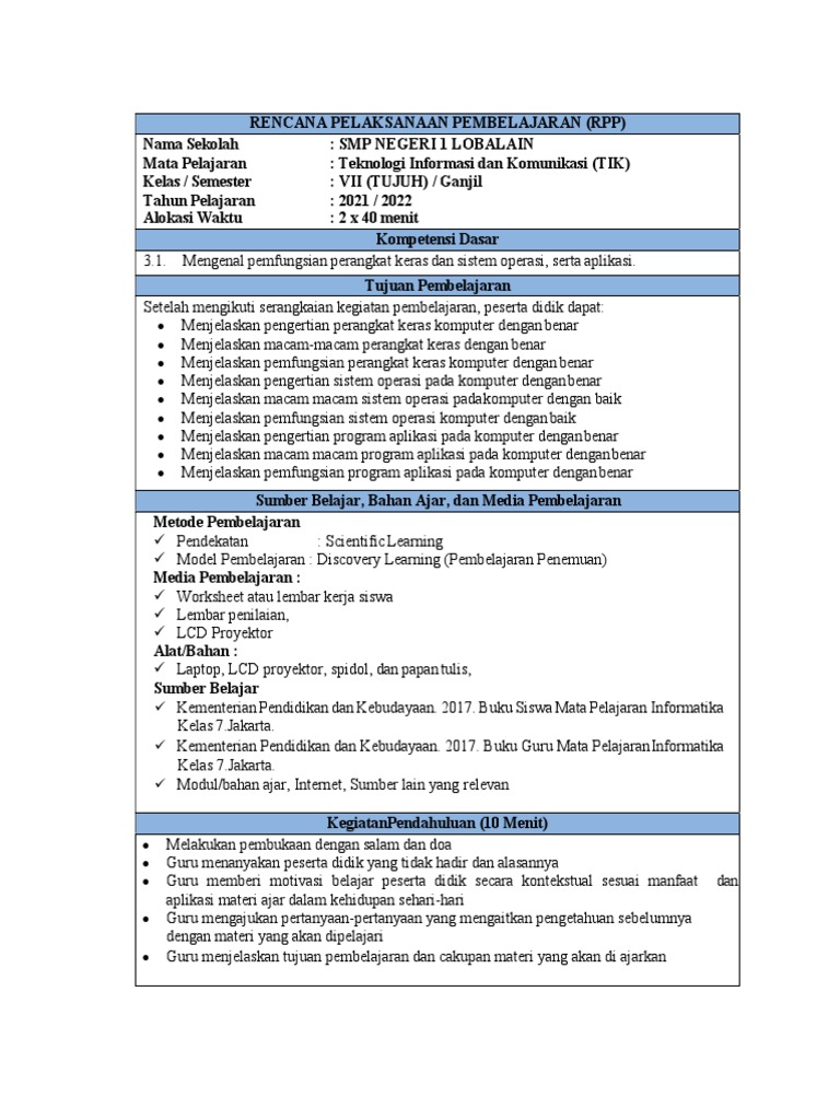 RPP Tik Kelas 7 | PDF | Seni