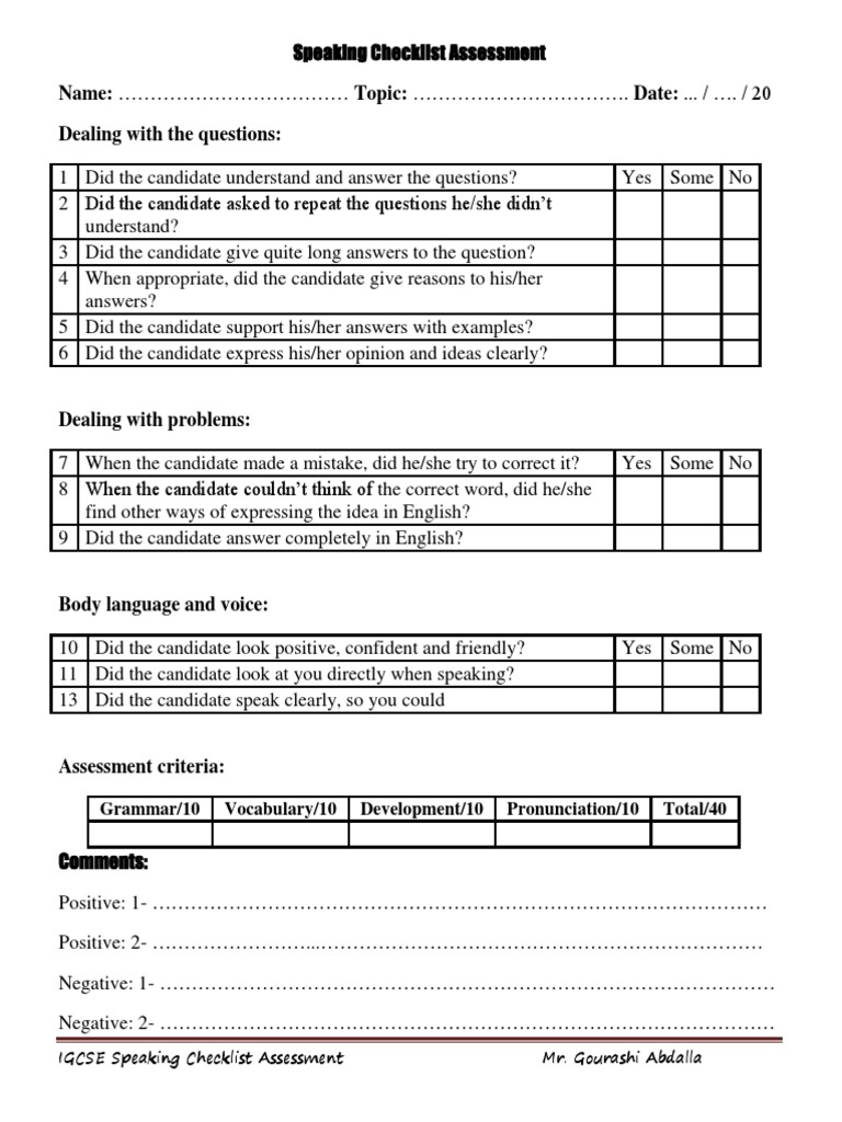 IGCSE Speaking Assessment Checklist | PDF | Career & Growth | Language ...
