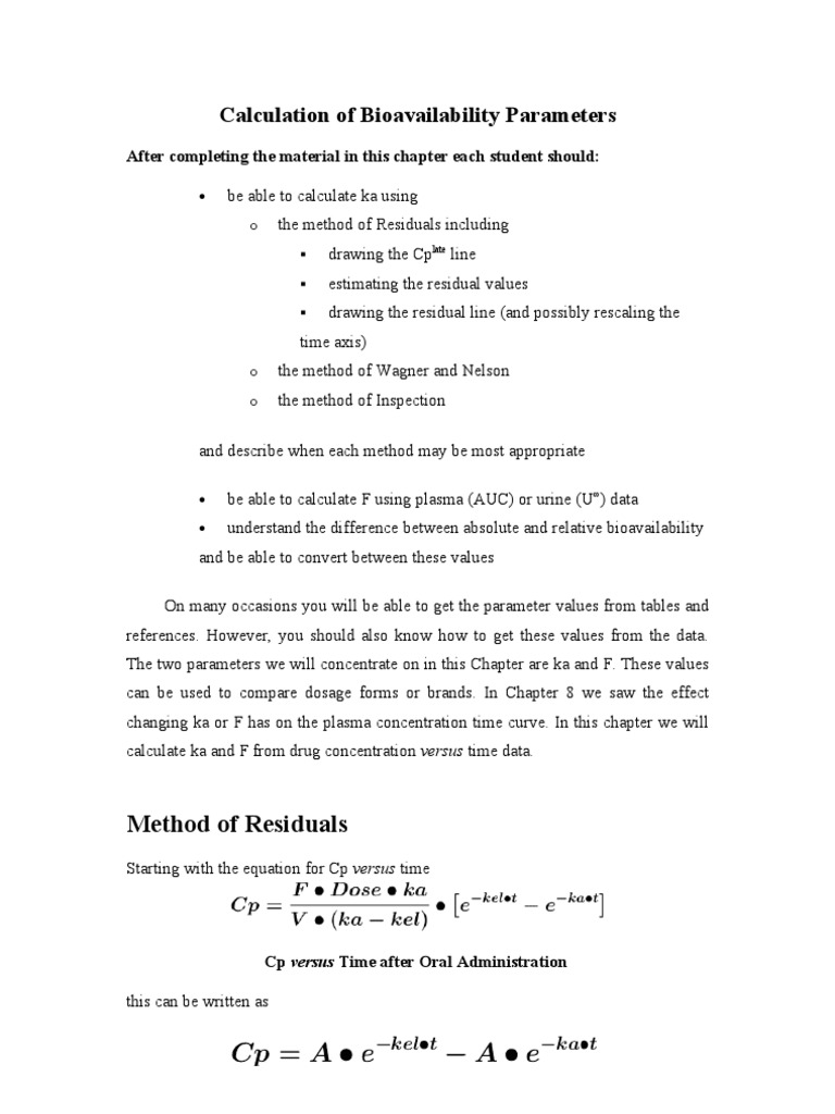 Calculation of Bioavailability Parameters | PDF | Bioavailability ...