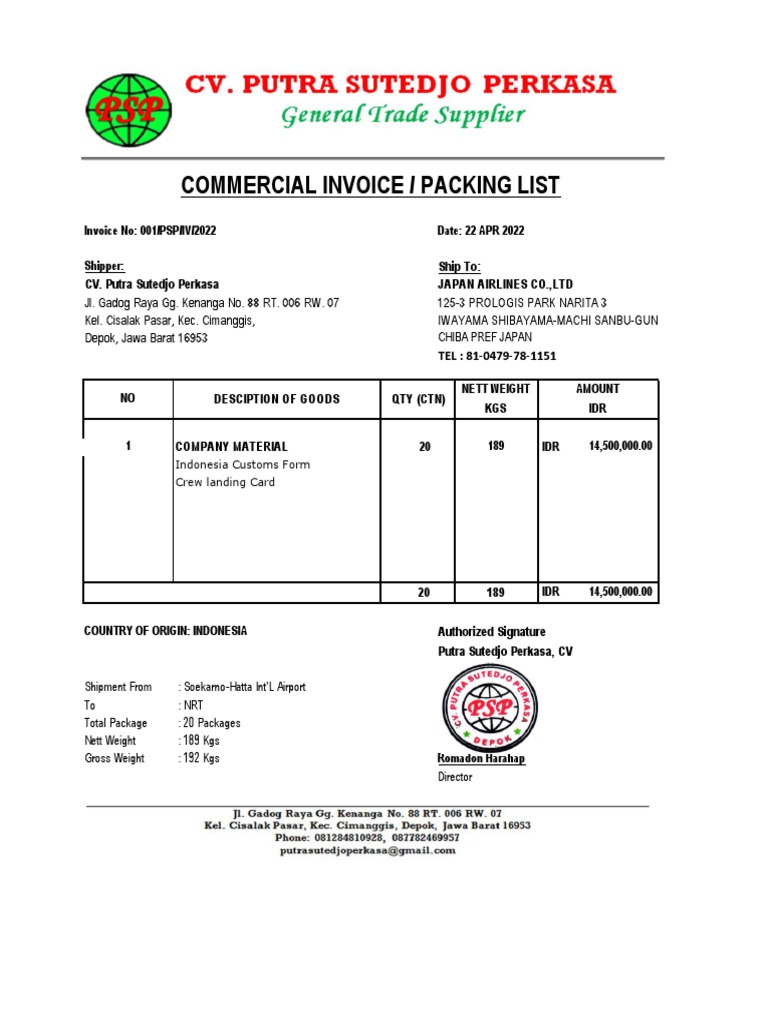 Shipping Invoice for Japan Airlines | PDF