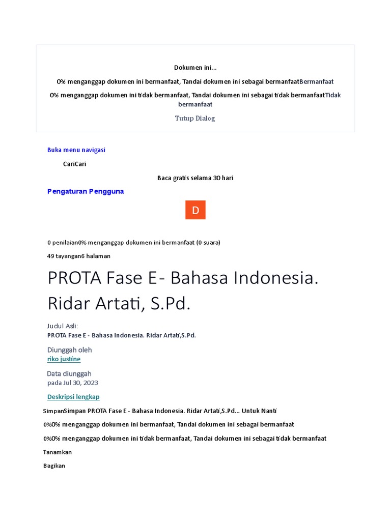 PROTA Fase E - Bahasa Indonesia. Ridar Artati, S.PD.: Bermanfaat Tidak Bermanfaat | PDF