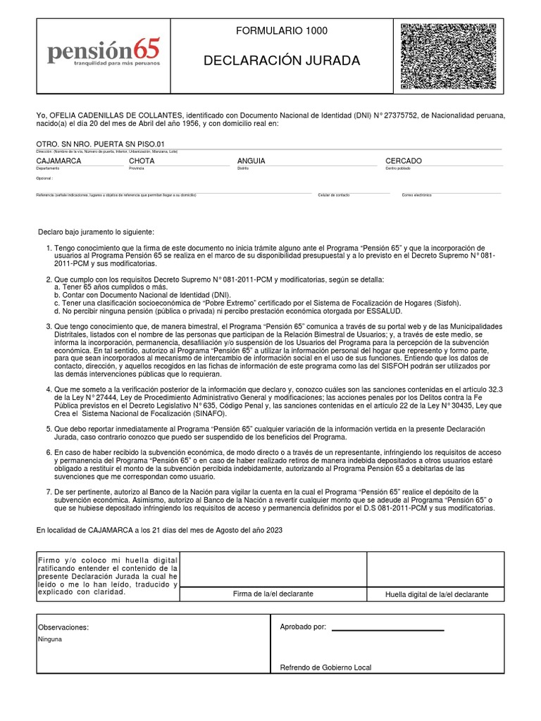 Declaración Jurada: Formulario 1000 | PDF | Pensión