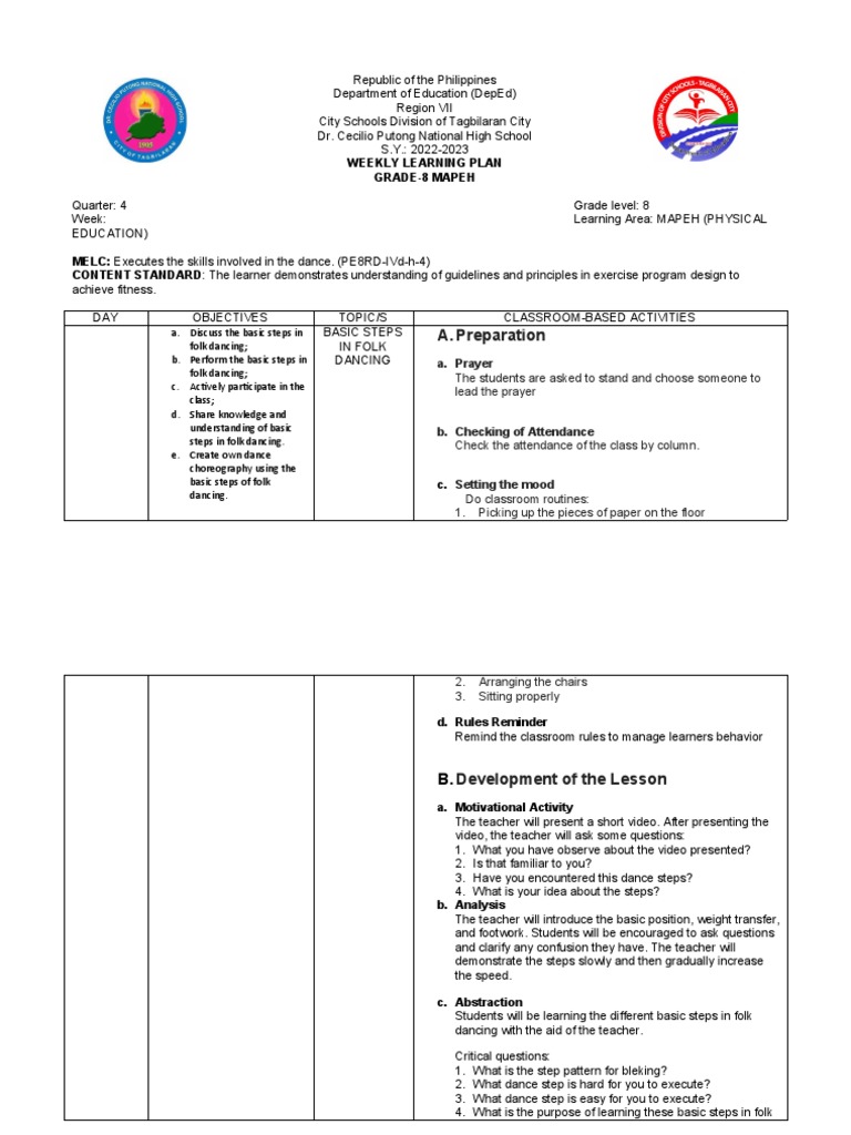 Lesson Plan P. e Folk Dance | PDF | Dances | Learning