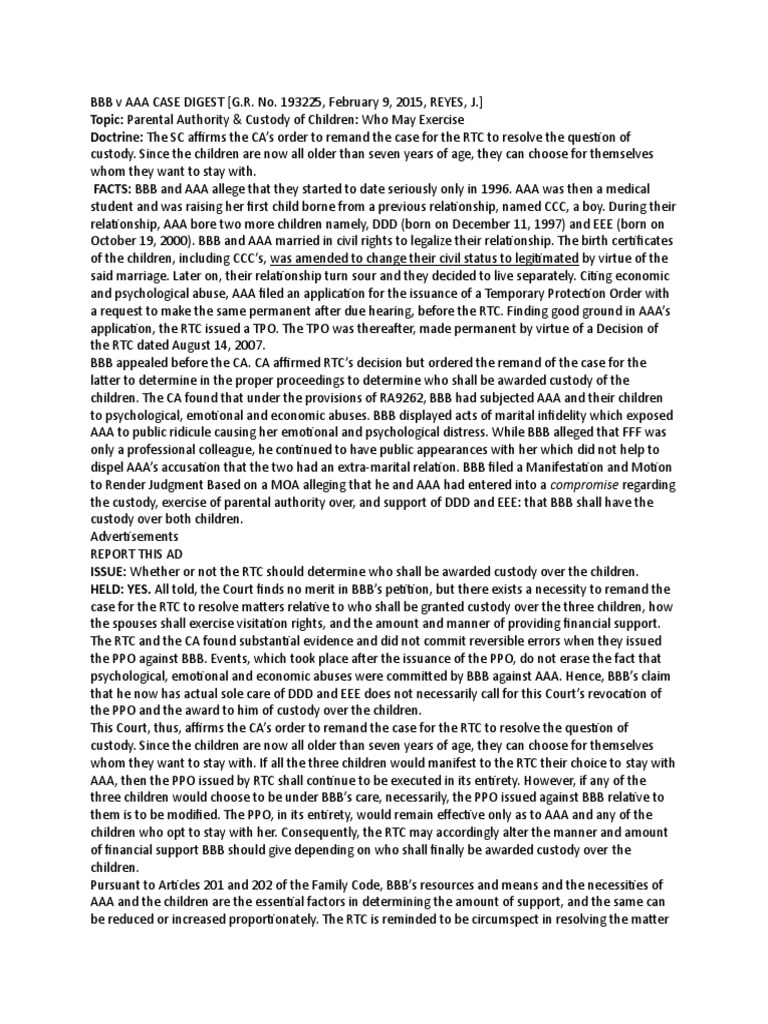 BBB V AAA CASE DIGEST | PDF | Child Custody | Public Law