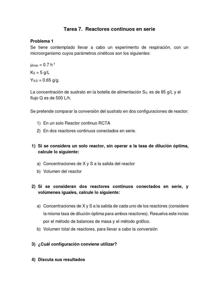 Tarea 7. Problemas de Reactores Continuos en Serie | PDF