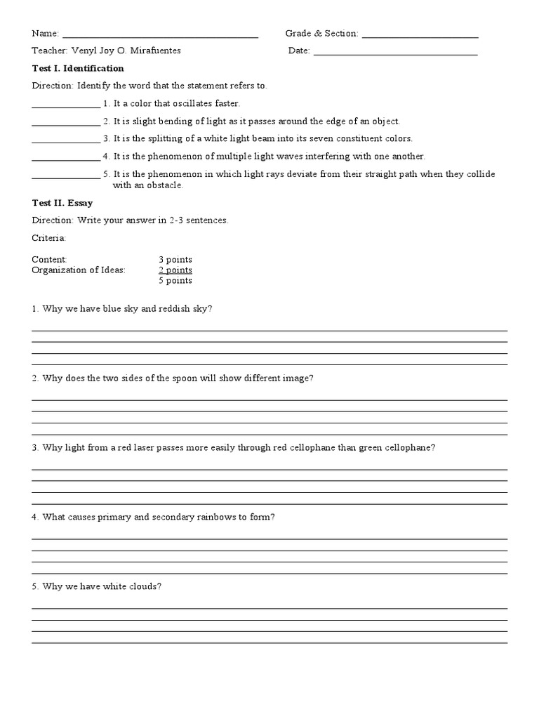 Light Phenomena Quiz Pdf Light Sky