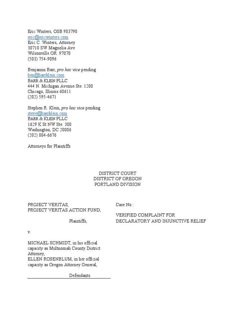 Project Veritas v. Schmidt Verified Complaint 2020 | PDF | Legal Remedy | First Amendment To The ...