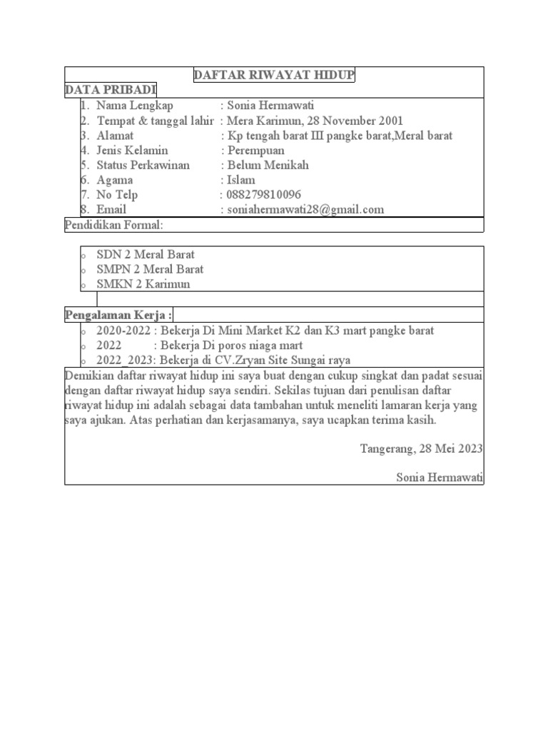 CV Sonia Hermawati | PDF