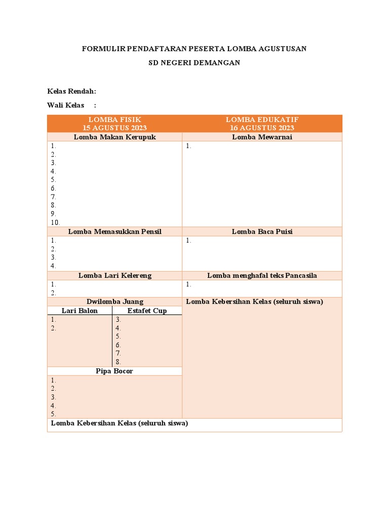 FORMULIR PENDAFTARAN PESERTA LOMBA AGUSTUSAN | PDF