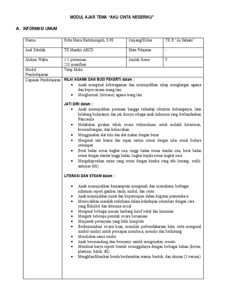 Modul Ajar TK: Aku Cinta Negeriku | PDF