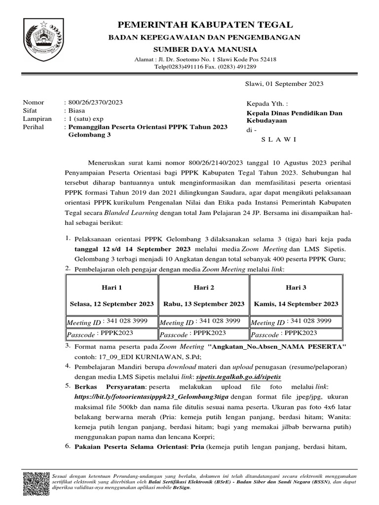 Pemanggilan Peserta Orientasi PPPK Gelombang 3 | PDF