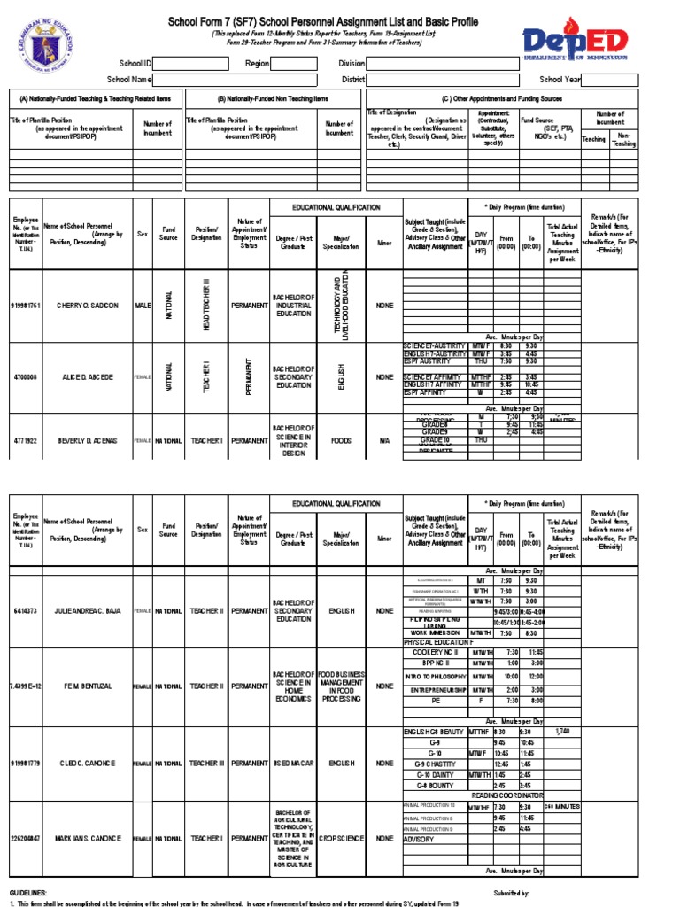 1 School Form 7 SF7 School Personnel Assignment List and Basic Profile ...