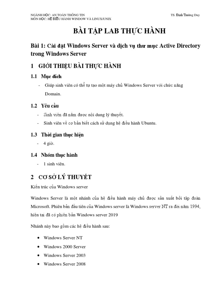 Bai 1 Cai dat Windows Server và dich vu thu muc dong Active Directory | PDF
