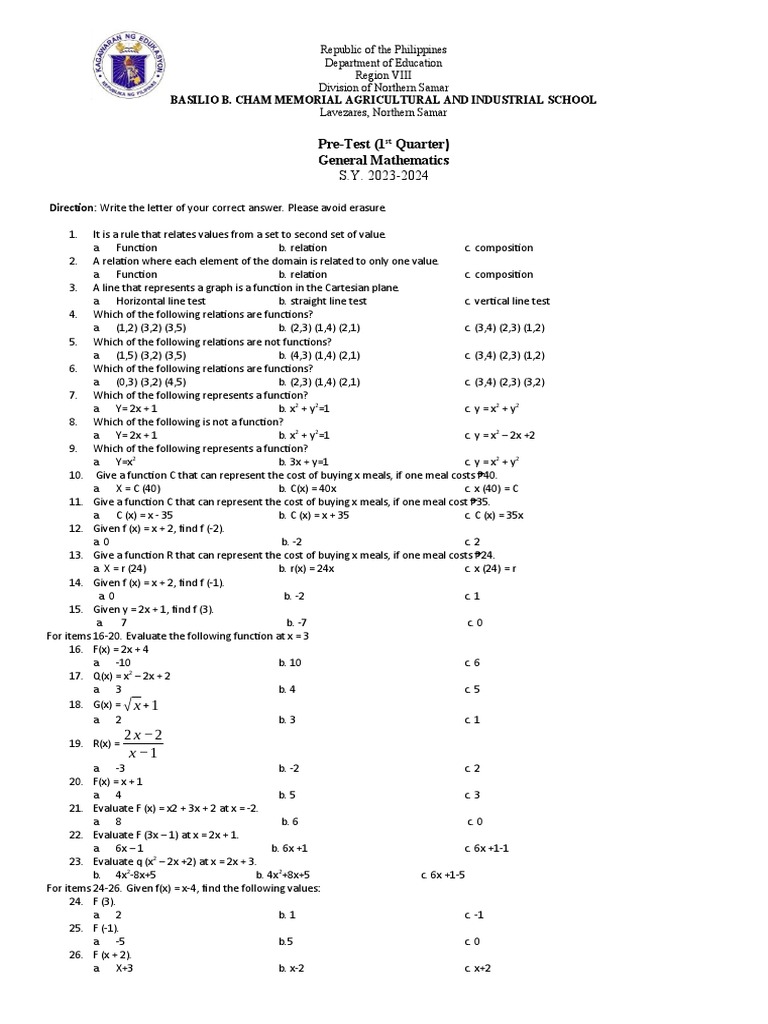 Pre-Test Gen Math Q1 | PDF | Function (Mathematics) | Elementary ...