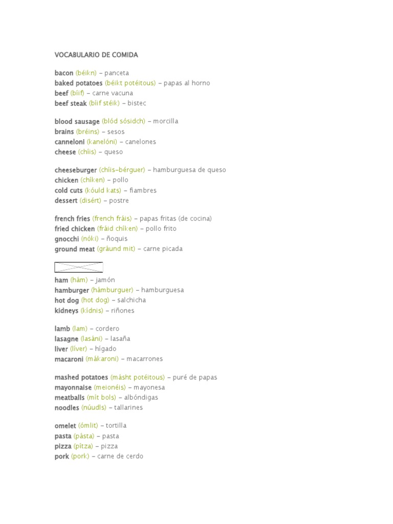 Vocabulario Comida Ingles Pdf Pancho Curry