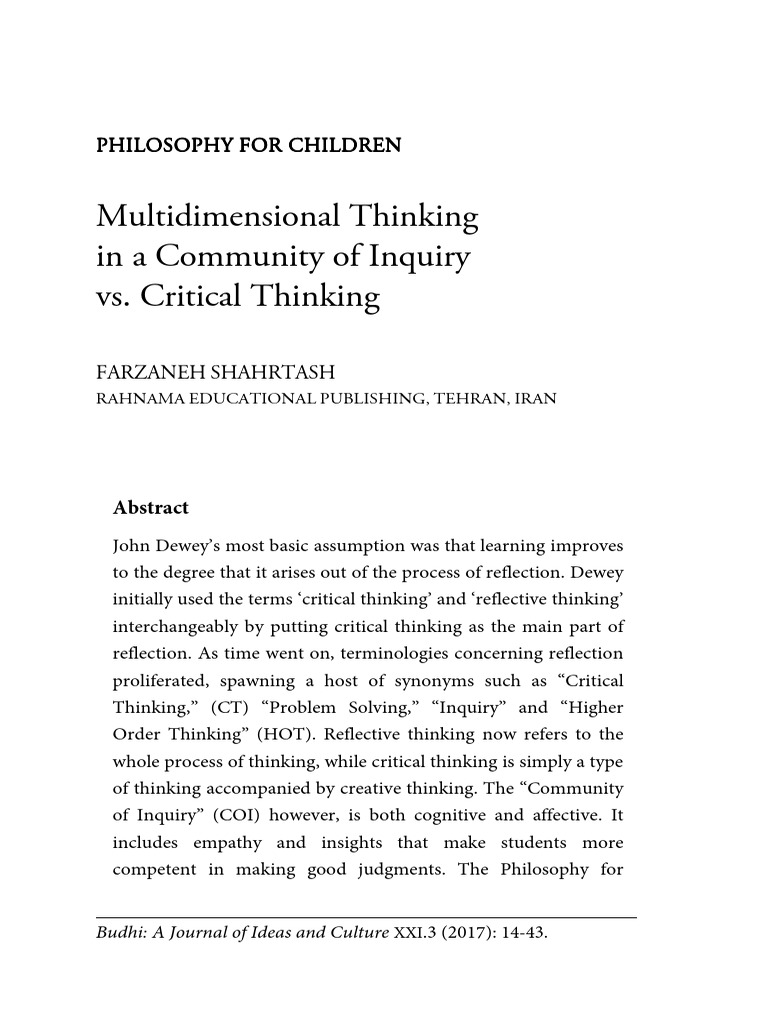 Philosophy for Children: Reflective vs. Critical Thinking | PDF ...