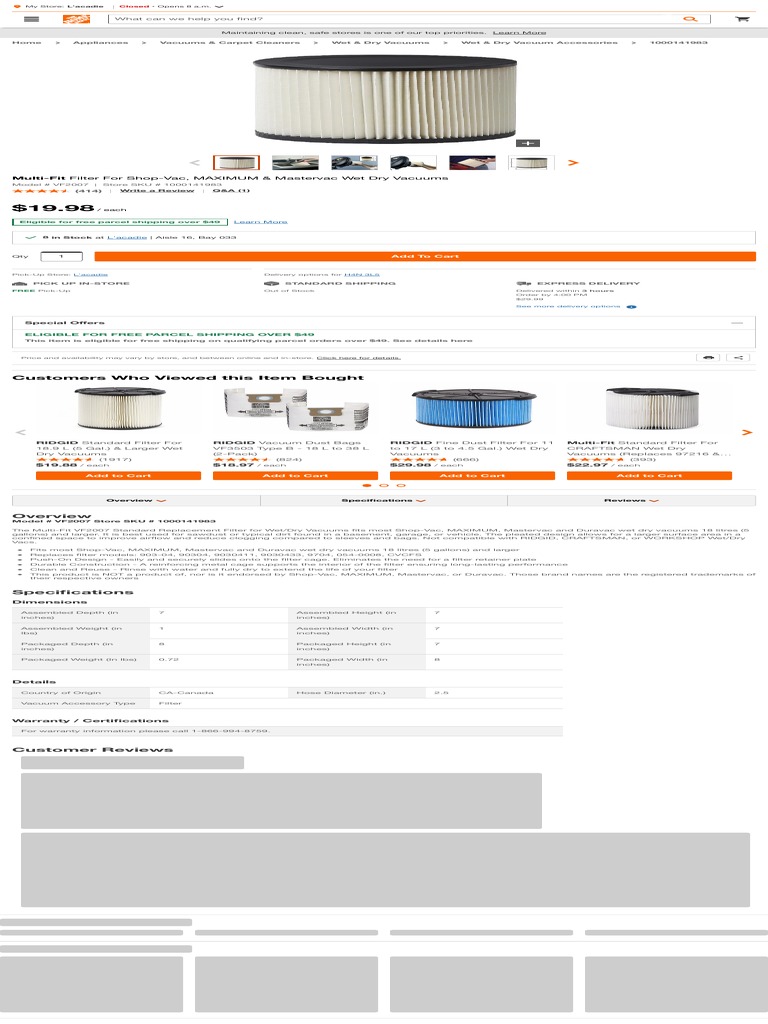 Multi-Fit Filter For Shop-Vac, MAXIMUM & Mastervac Wet Dry Vacuums The ...