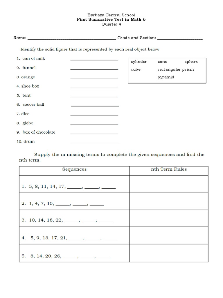 Math 6 Summative Test Q4: Shapes | PDF