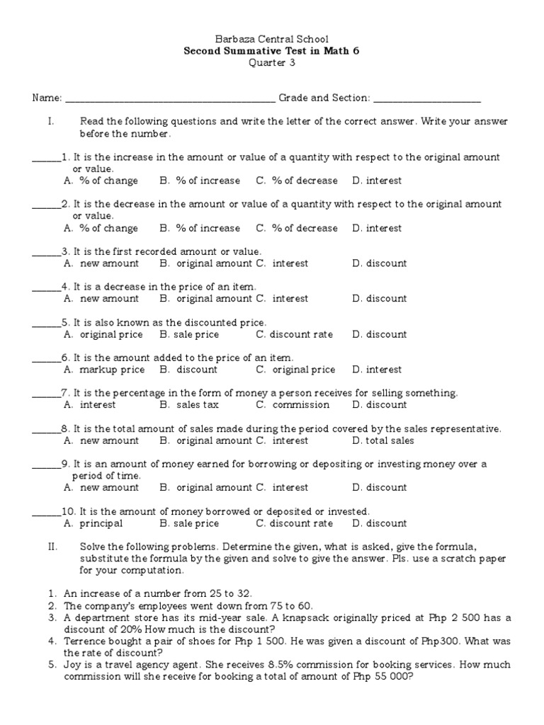 2nd Summative Test In Math 6 Q3 Pdf Interest Discounting