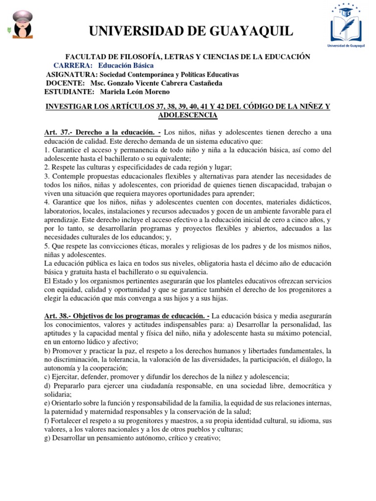 Investigar Los Artículos 37, 38, 39, 40, 41 y 42 Del Código de La Niñez y Adolescencia | PDF ...