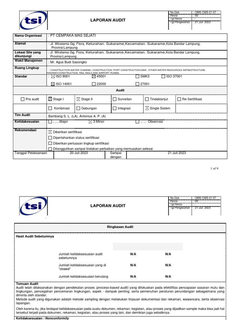 QMS-CMS-21-07 Lembar Ketidaksesuaian PT Cempaka Mas Sejati | PDF