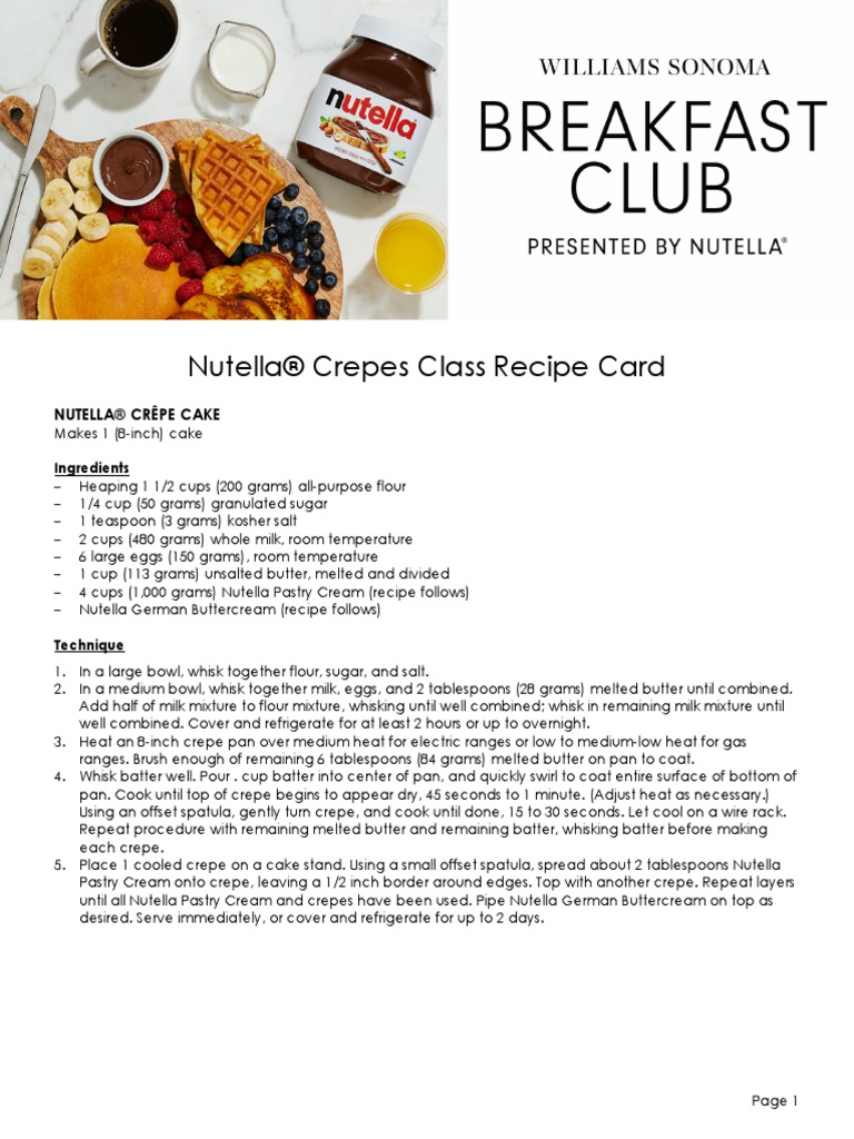 Nutella® Crepes - Class Recipe Card | PDF | Custard | Cakes