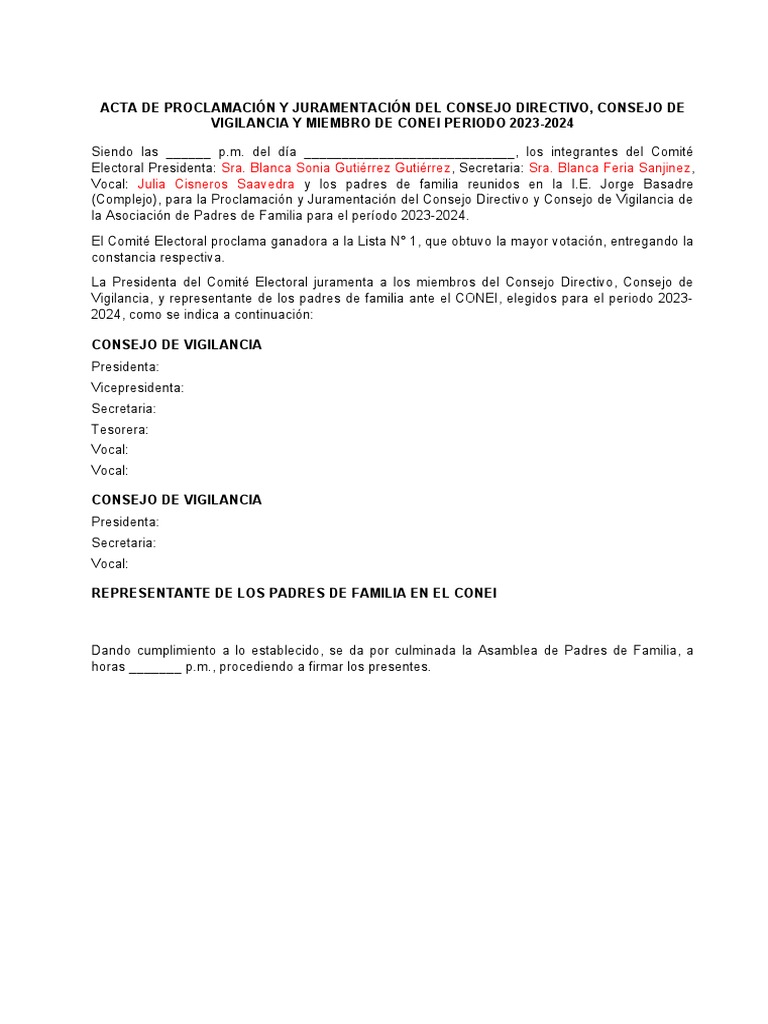 Acta Proclamacion y Juramentacion 2023 - 2024 | PDF