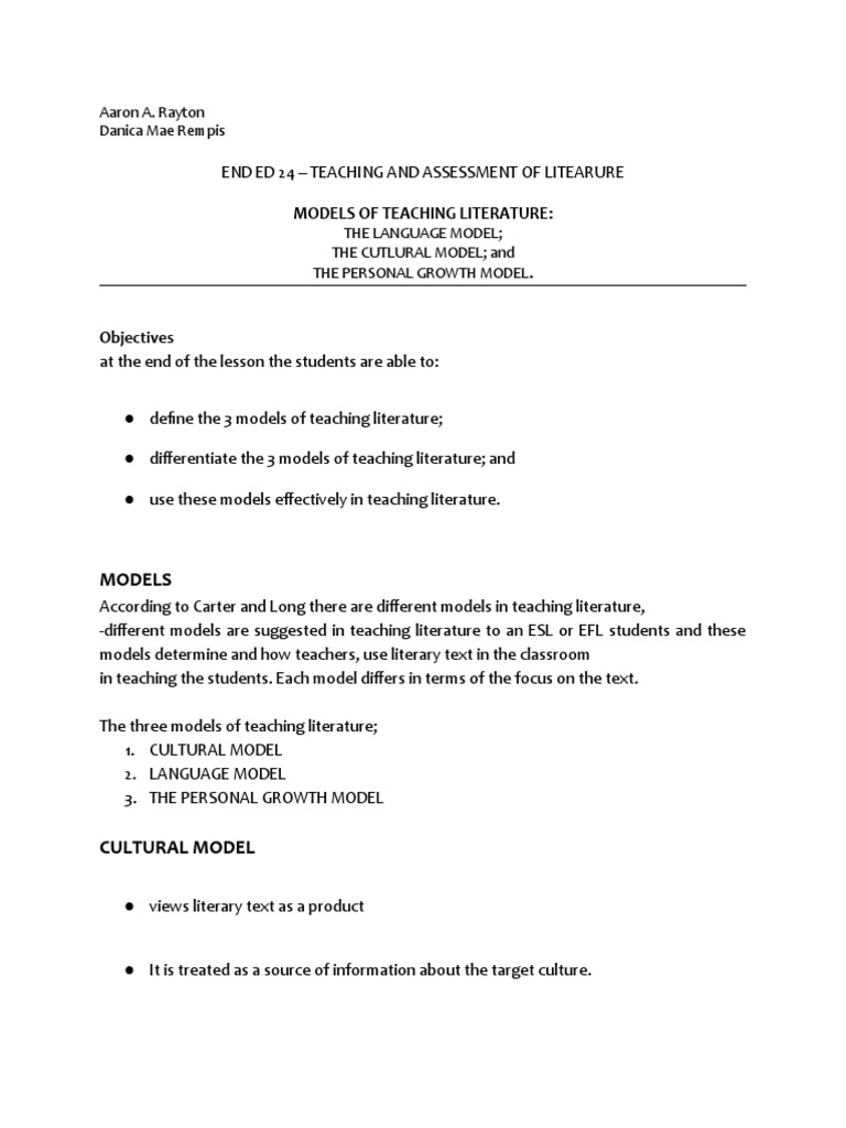 Models of Teaching Literature | PDF | English As A Second Or Foreign Language | Linguistics