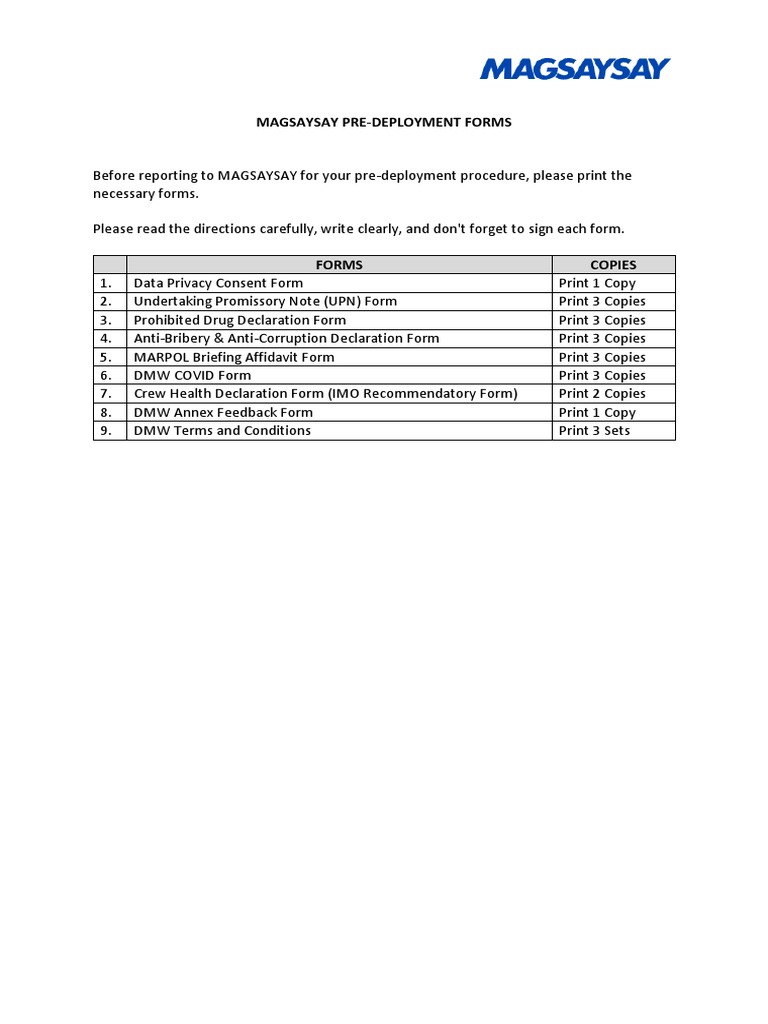 Magsaysay Pre-Deployment Forms | Download Free PDF | Bribery | Business