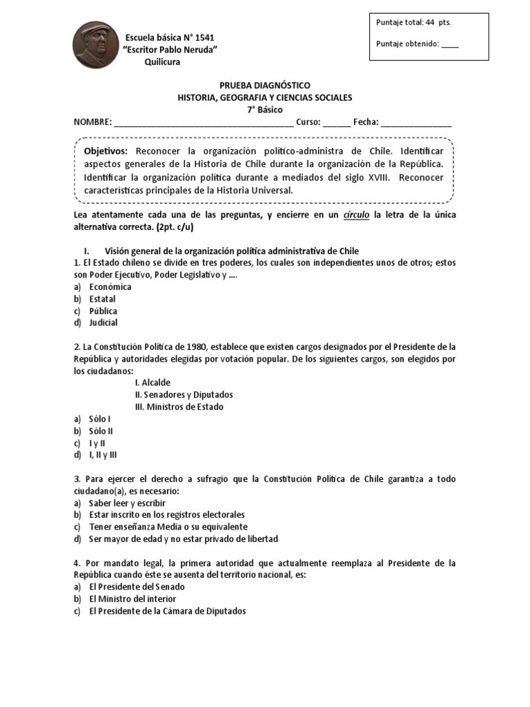 Prueba de Diagnóstico Historia 7 | PDF | Chile | República