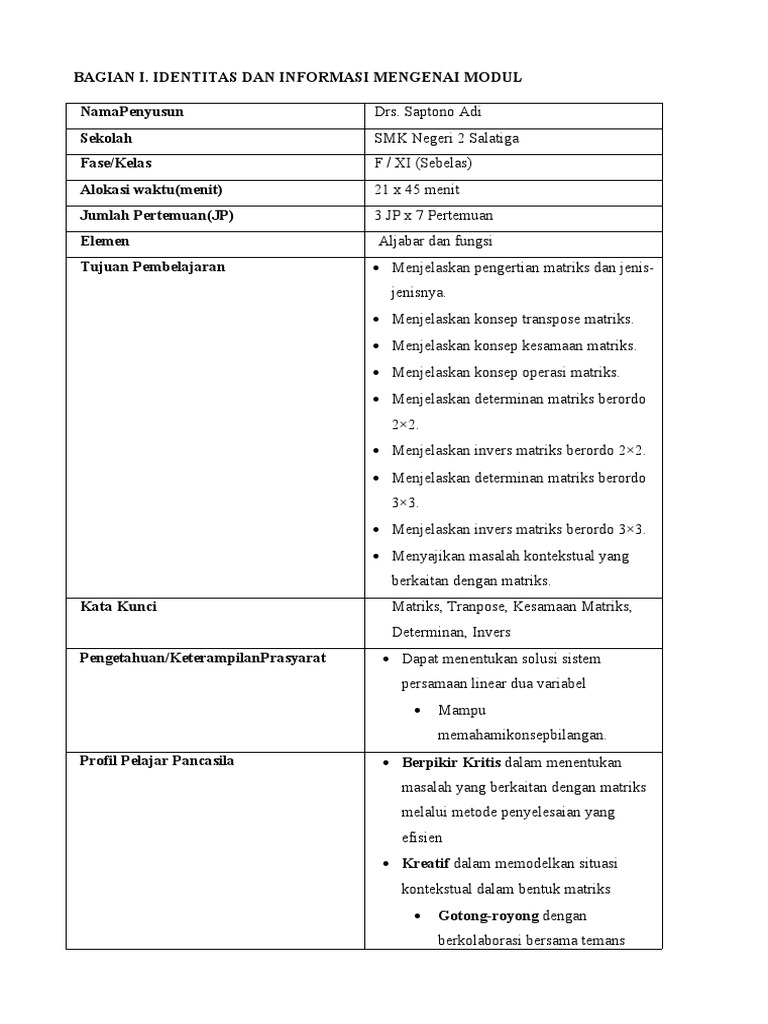 Modul Ajar Matriks Fase F | PDF