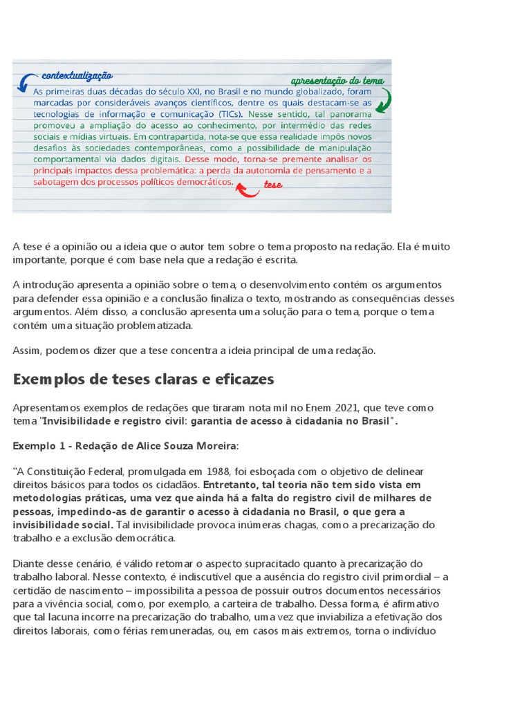 A Tese é A Opinião Ou A Ideia Que O Autor Tem Sobre O Tema Proposto Na