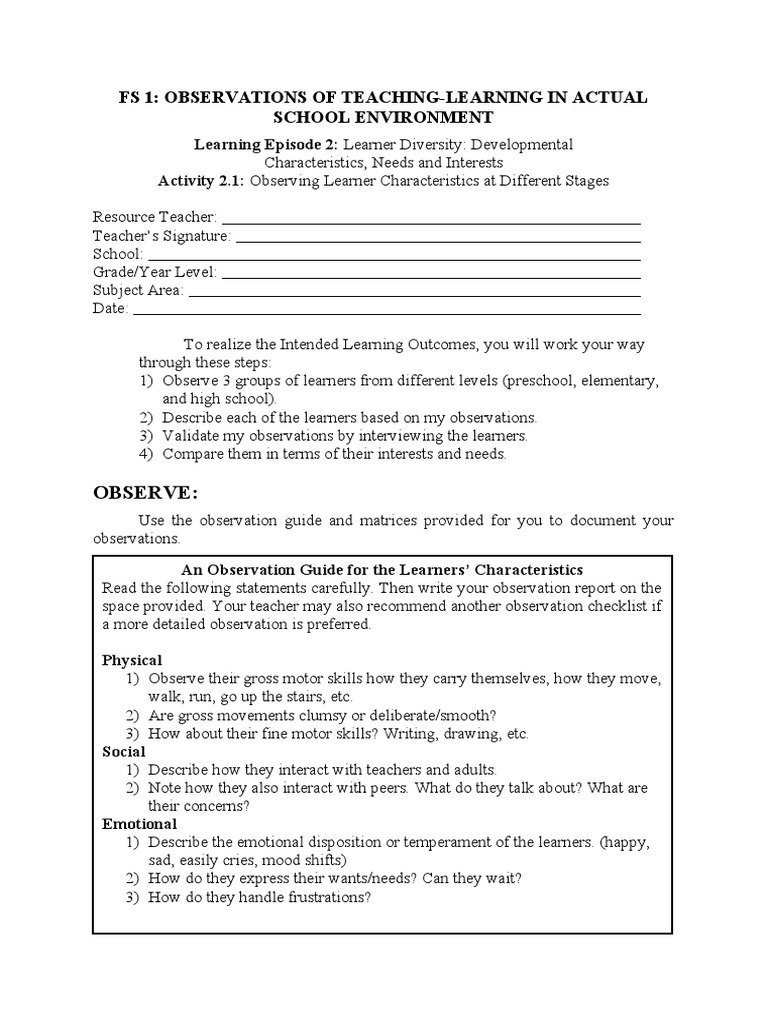 FS 1-LE 2-Observing Learner Characteristics at Different Stages | PDF | Learning | Teachers